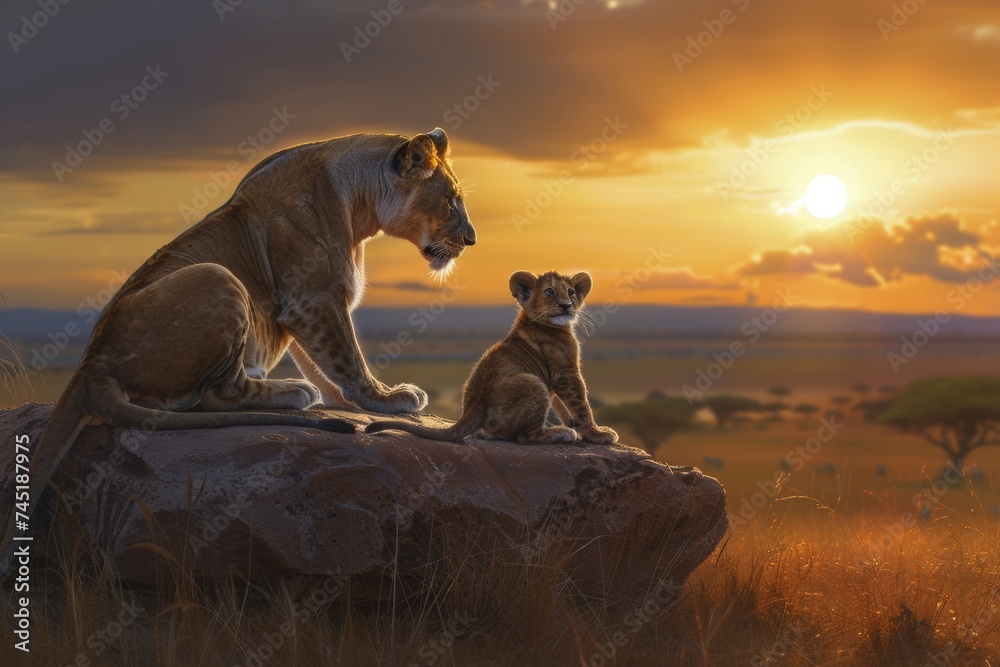 Foto de Intimate Moment of a Lioness with Her Cub on a Rock in the ...