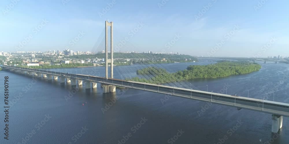 Long bridge for traffic across river. Traffic over pass bridge, river ...