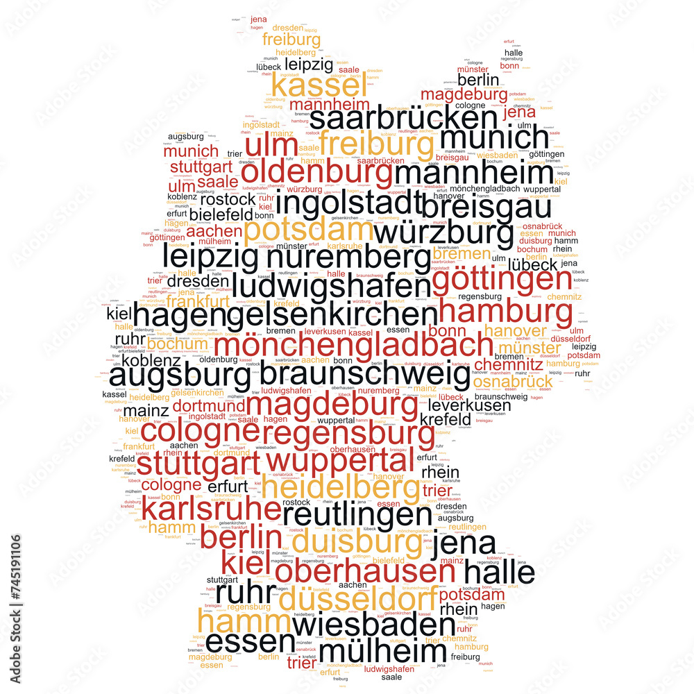 Word cloud with German cities in the form of Germany with horizontal ...