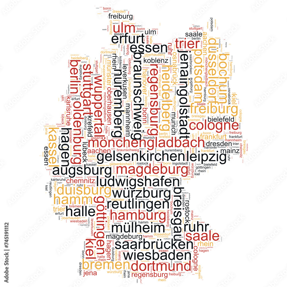 Word cloud with German cities in the form of Germany with horizontal ...