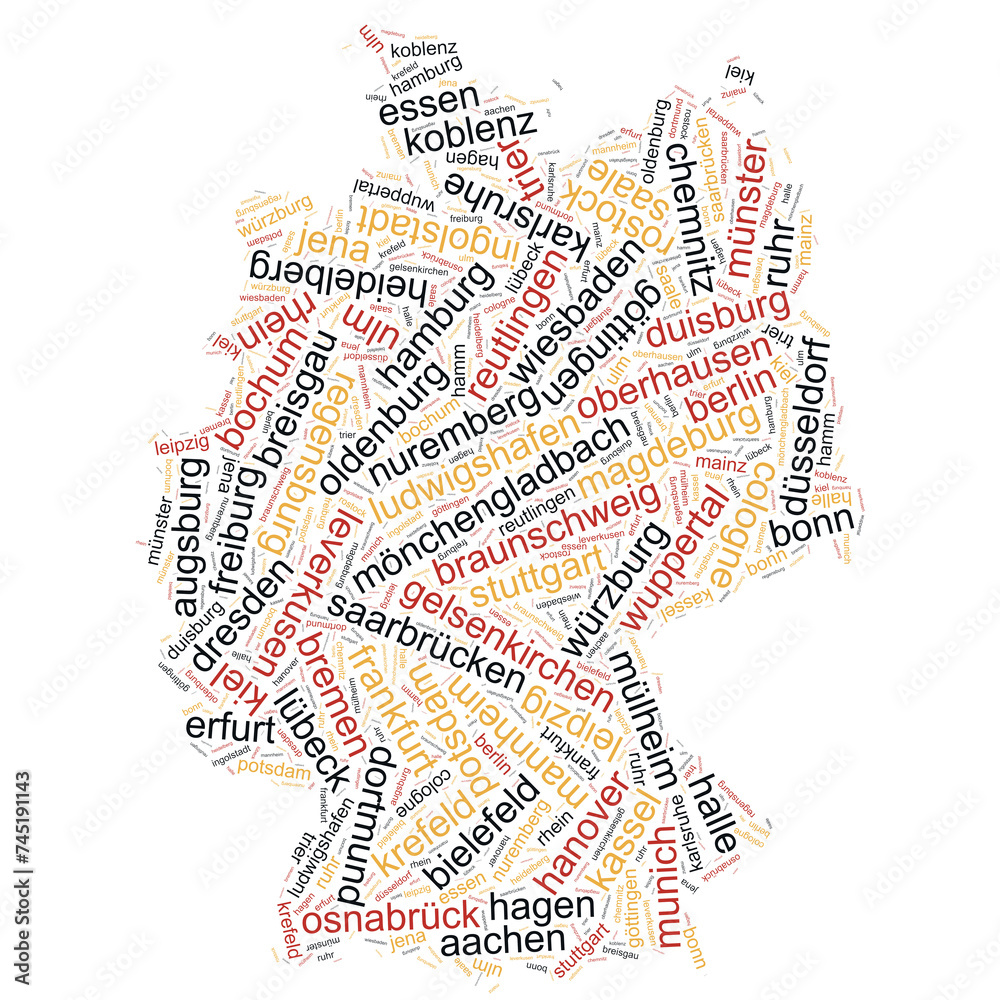 Word cloud with German cities in the form of Germany with horizontal ...