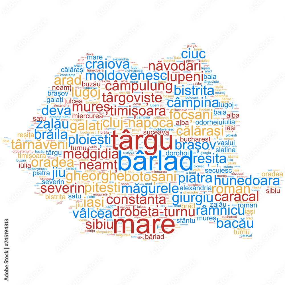 Word cloud with Romanian cities in the form of Romania with horizontal ...