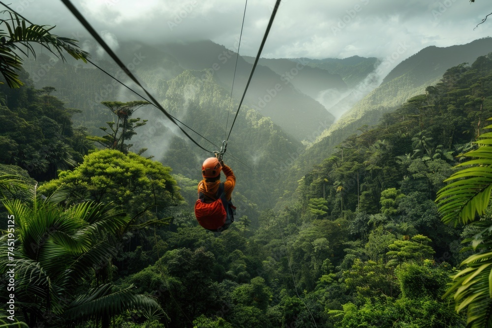 A daring individual rides a zip line high in the jungle canopy, soaring ...