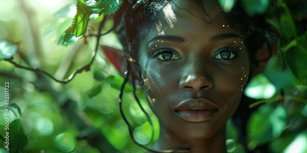 Fantasy elf living in nature woods. Beautiful fantasy woman. African ...