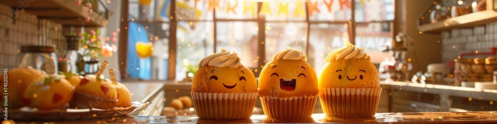 Talking muffins in a bakery having a cheerful conversation each with a ...