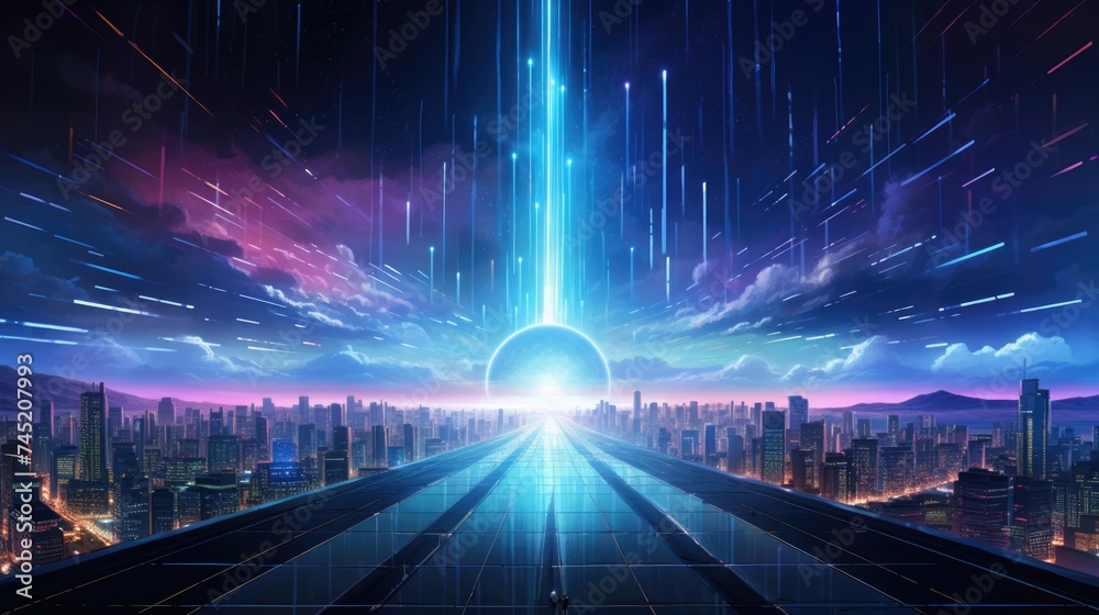 Dawn of the Digital Sun. A radiant digital sun crowns a modern ...