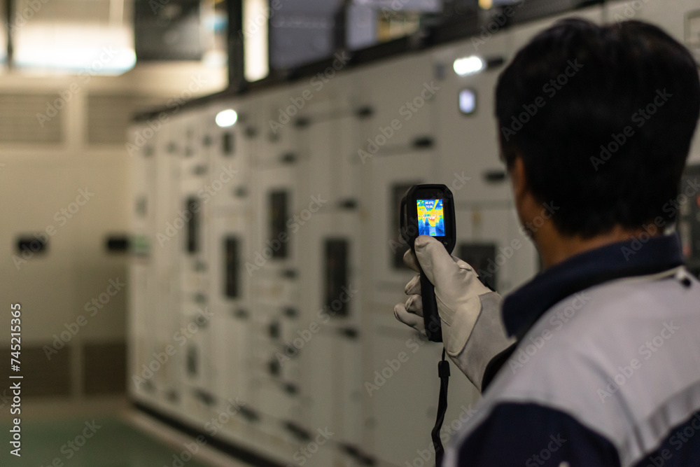 Professional Electrician use thermal infrared camera or thermometer ...