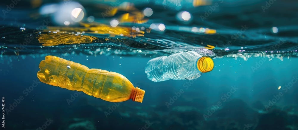 Two plastic bottles are seen floating on the water surface. The bottles ...