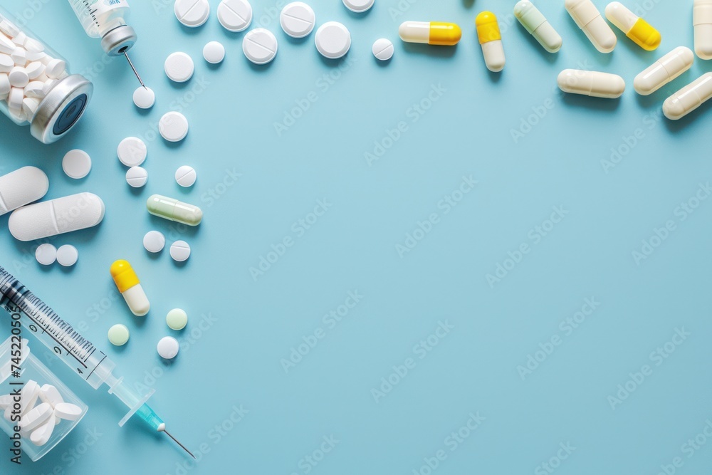 Organized layout of various medication forms and a syringe on a clean ...