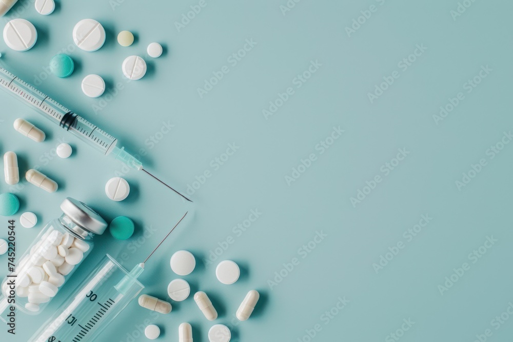 Organized layout of various medication forms and a syringe on a clean ...