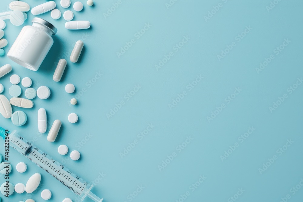 Organized layout of various medication forms and a syringe on a clean ...