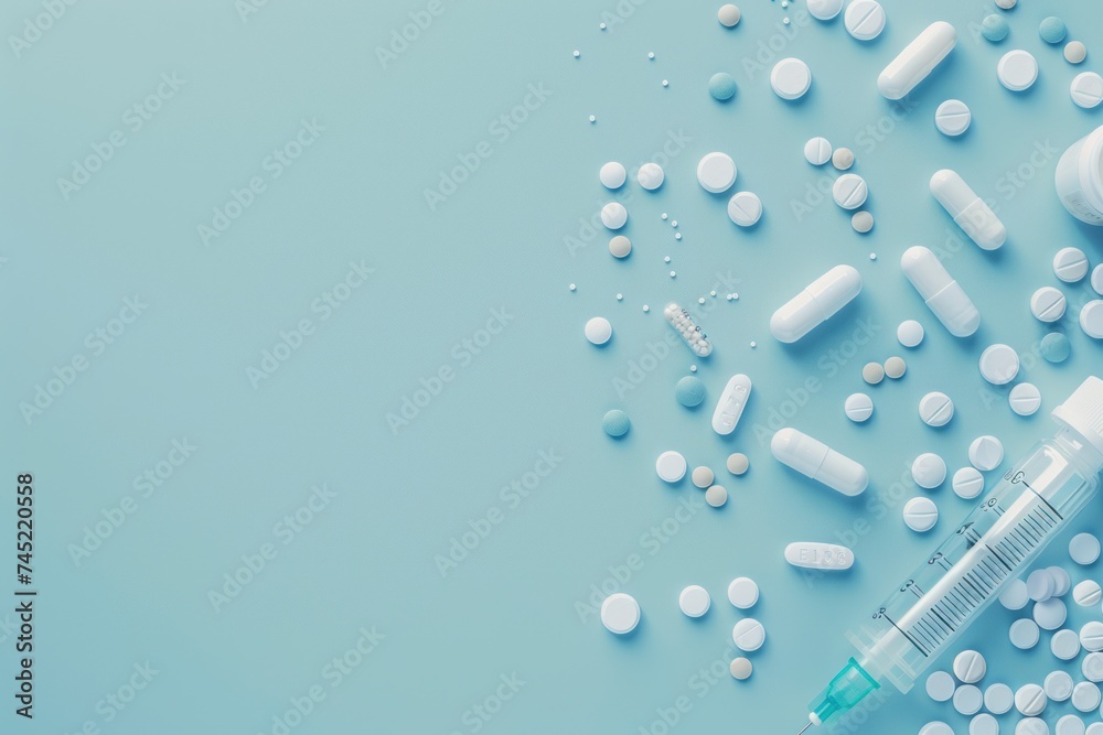 Organized layout of various medication forms and a syringe on a clean ...