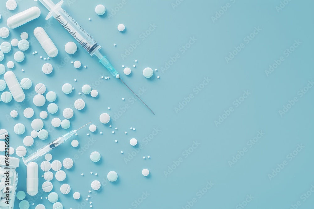 Organized layout of various medication forms and a syringe on a clean ...