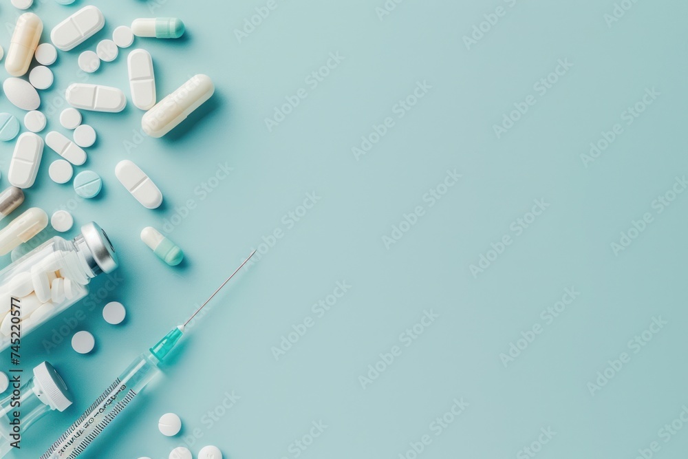 Organized layout of various medication forms and a syringe on a clean ...