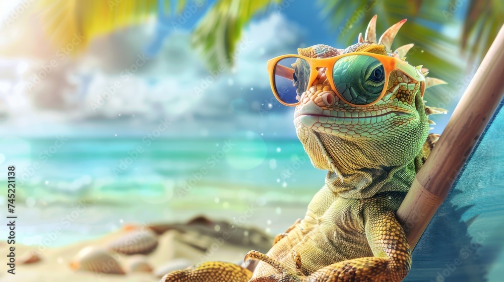 Describe a vibrant image of a lizard relaxing on the beach during ...