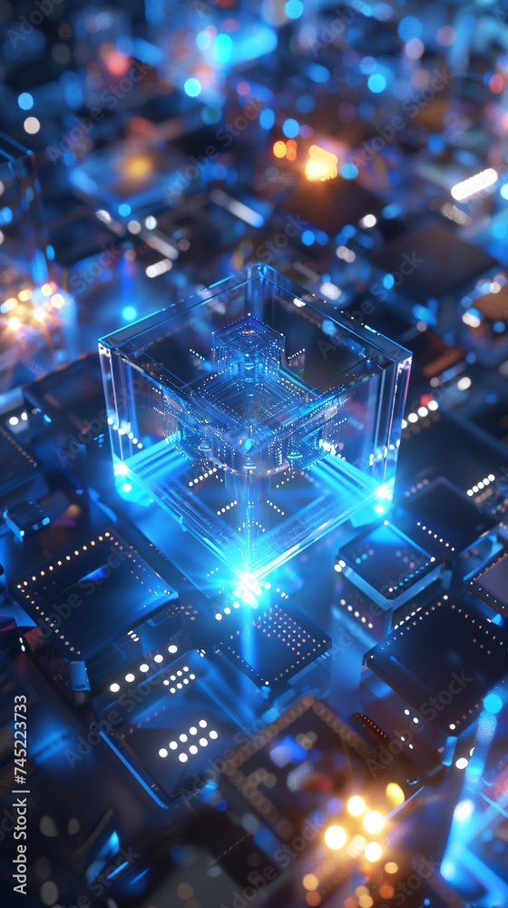 Quantum computing concept visualized with a blue qubit structure ...