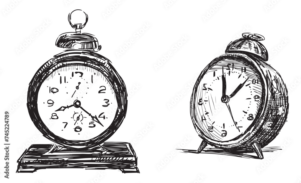 Sketches of two old alarm clocks, vector hand drawing isolated on white ...