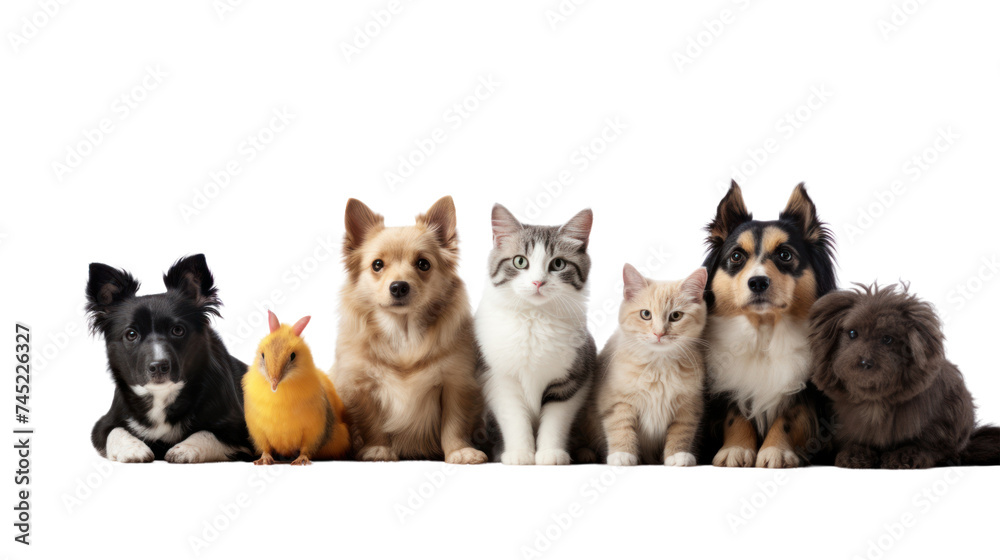 Group of pets leaning together on a empty web banner isolated on ...