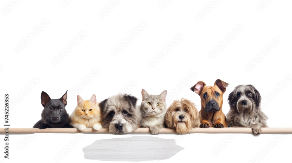 Group of pets leaning together on a empty web banner isolated on ...