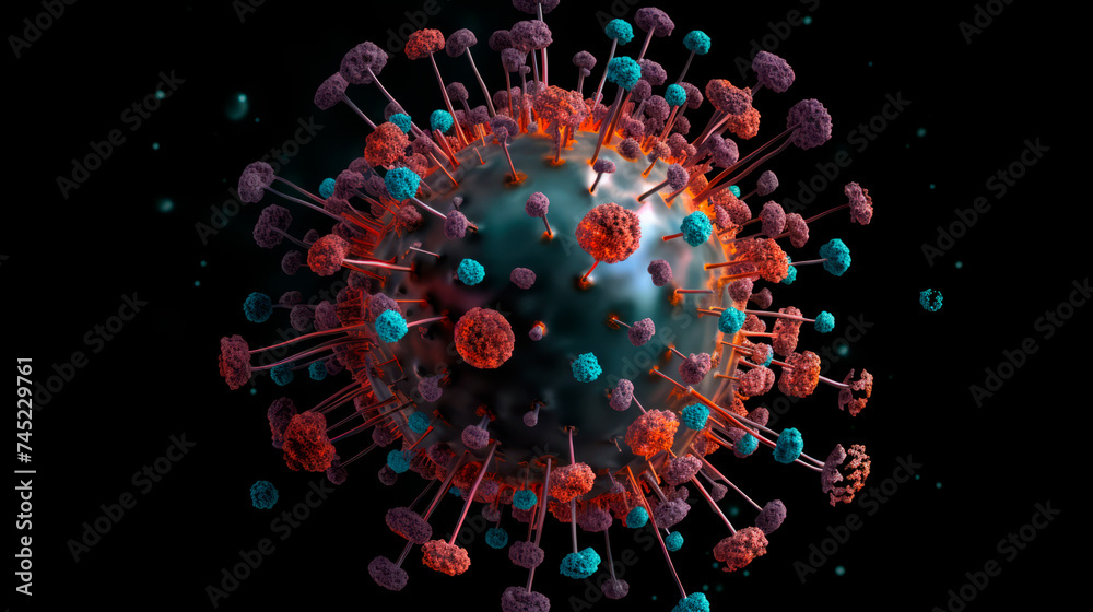 A vibrant 3D model of a virus particle features red and cyan ...