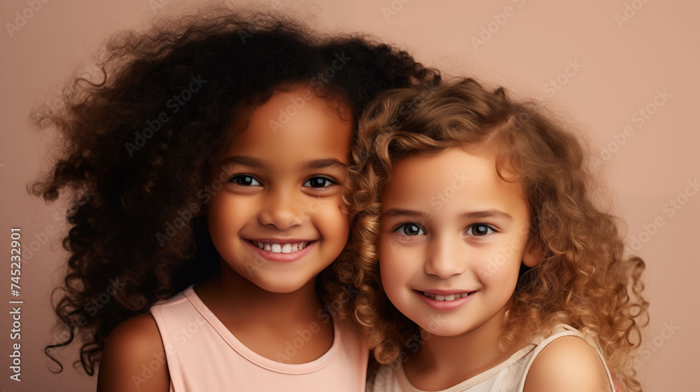 2 girls, different skin colors A confident many child posing against a ...