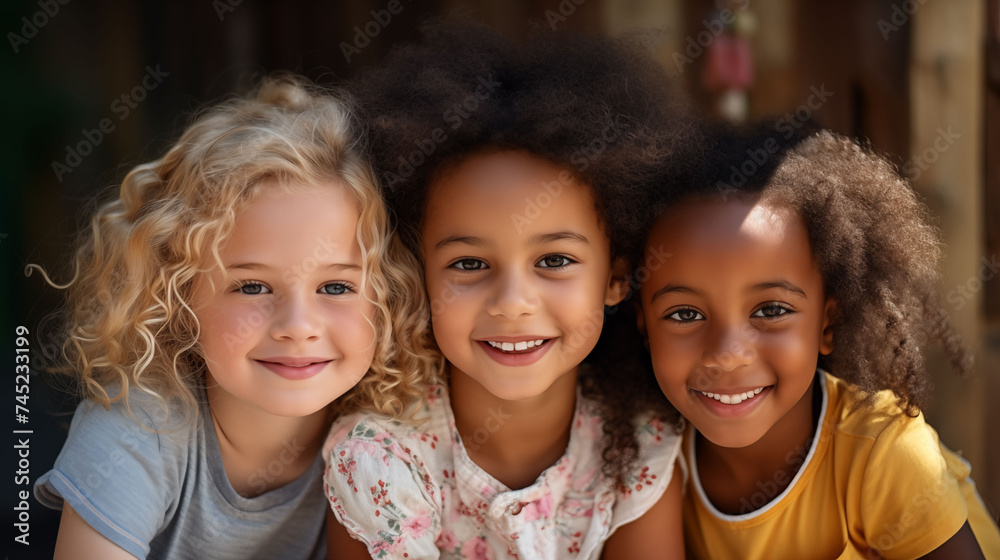 3 girls, different skin colors A confident many child posing against a ...