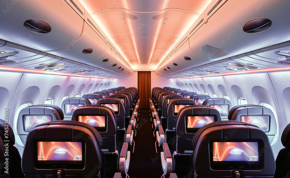 Airplane cabin interior with rows of seats and in-flight entertainment ...