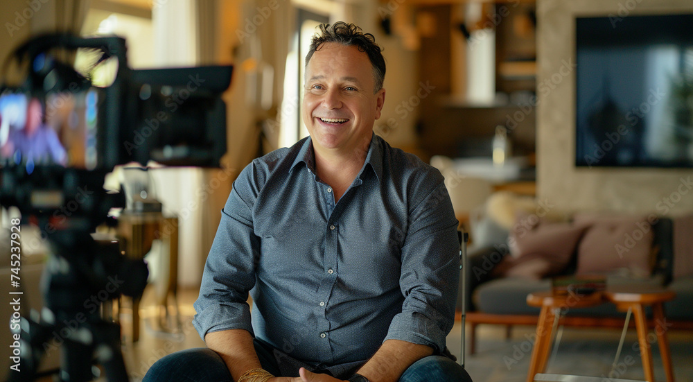 Smiling Man Being Interviewed on Camera. Cheerful man in a casual shirt ...