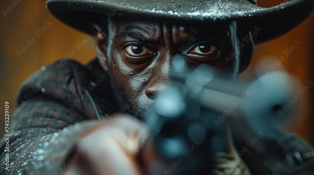 rapper with gun. close up portrait of young muscular african man ...
