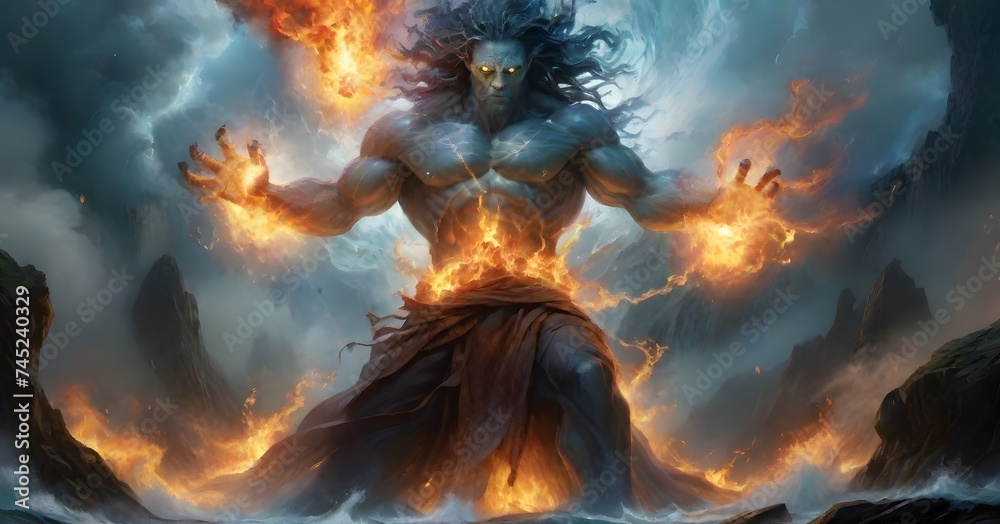 An imposing mythological figure channels the raw power of lightning ...