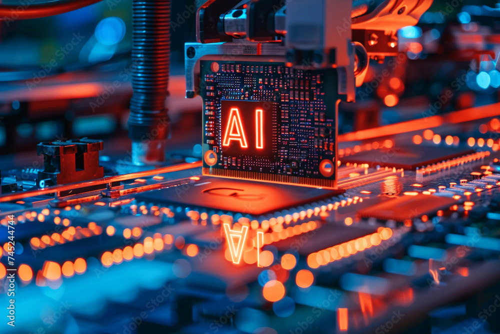 In the heart of a manufacturing facility, microchips labeled with "AI ...
