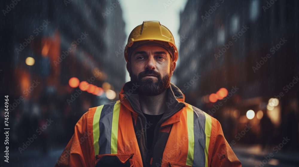 Generative AI Portrait of a road worker in reflective gear, holding a ...