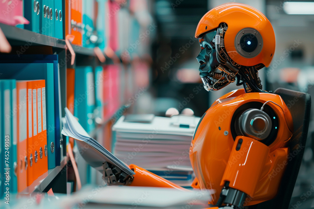 Amidst the hustle and bustle of a busy workplace, a humanoid robot aids ...