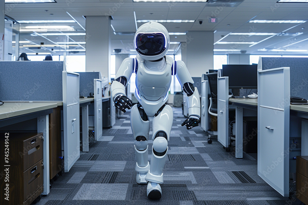 Against the backdrop of cubicles and desks, a humanoid robot moves with ...