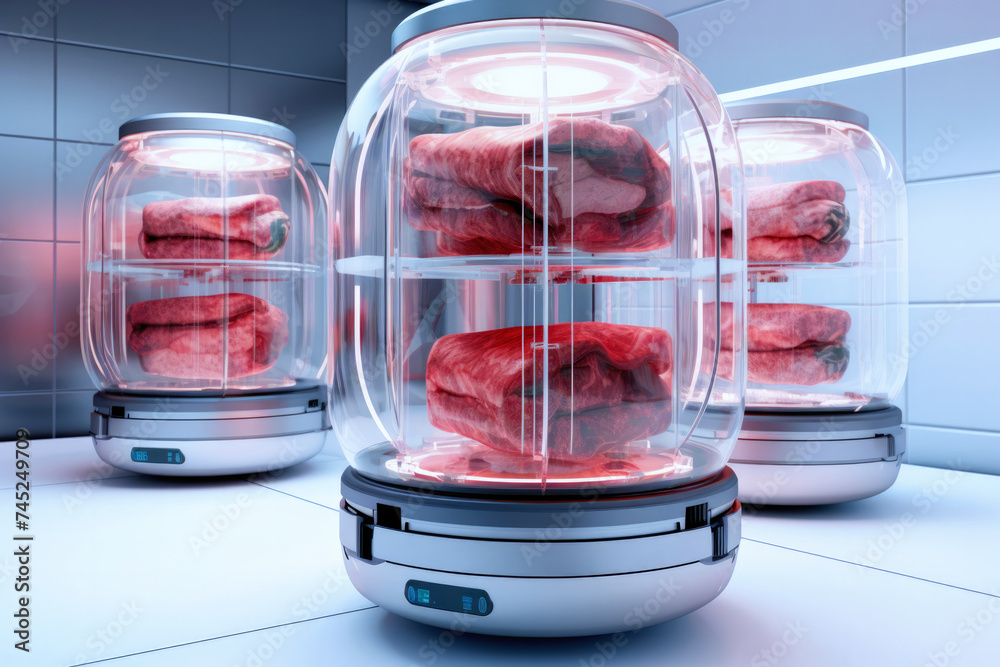 Production of artificial meat inside a modern bioreactor Stock ...