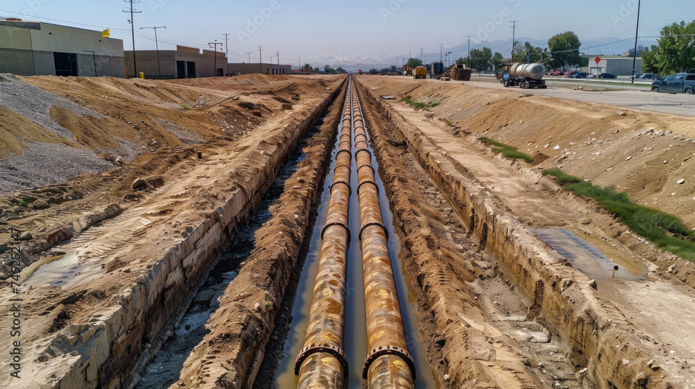 Underground water pipeline installation in trench, infrastructure ...