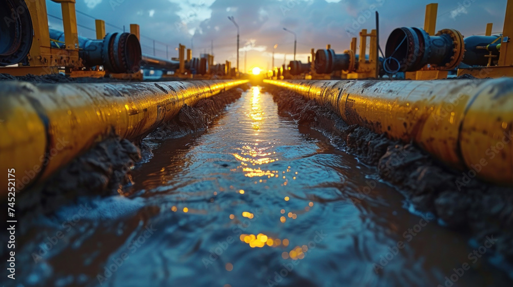 Underground water pipeline installation in trench, infrastructure ...