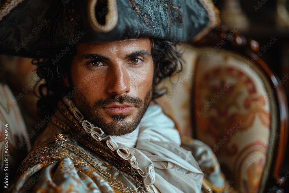 A refined gentleman dressed in an elaborate Renaissance costume and a ...