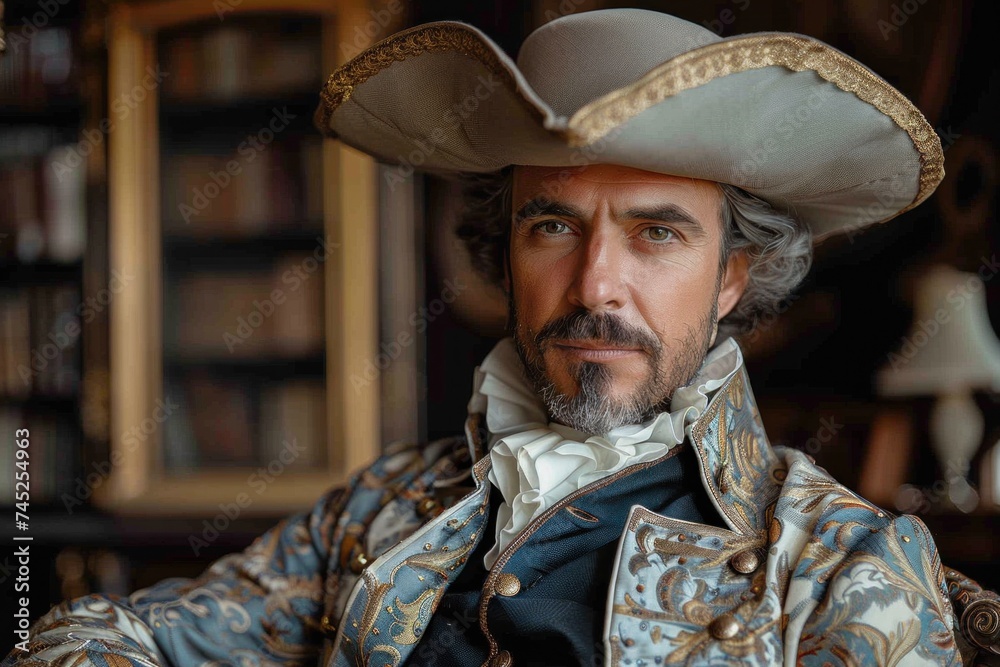 A refined gentleman dressed in an elaborate Renaissance costume and a ...