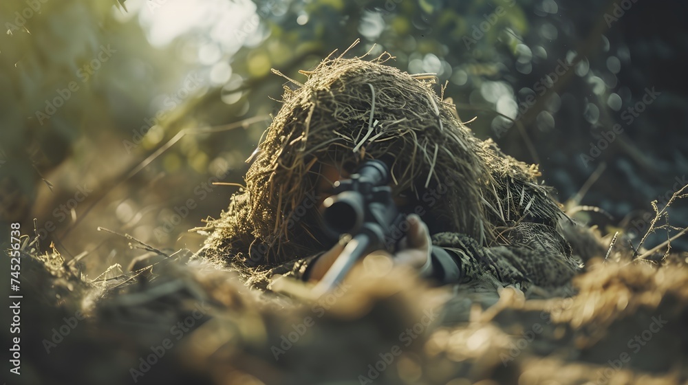Special forces sniper soldier wearing ghillie suit laying on ground ...