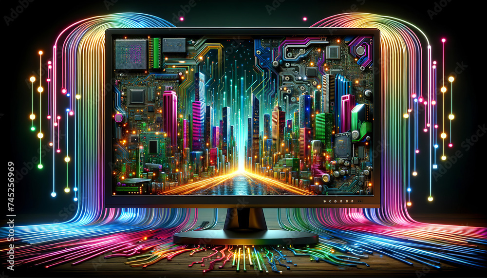 An artistic representation of technology blending with a cityscape ...