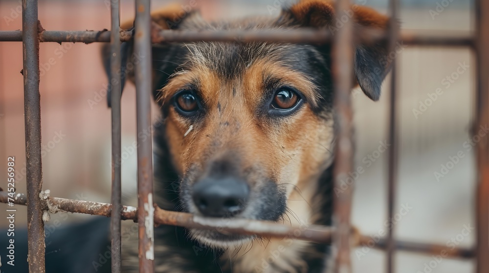 Stray homeless dog in animal shelter cage with a sad abandoned hungry ...