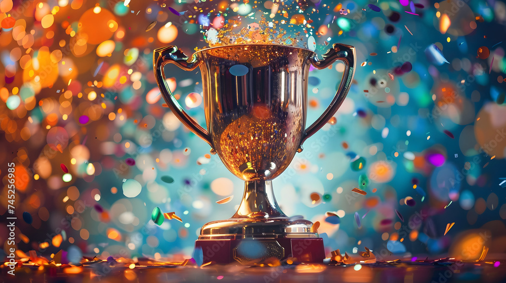 A gleaming gold winners trophy cup takes center stage, surrounded by a ...