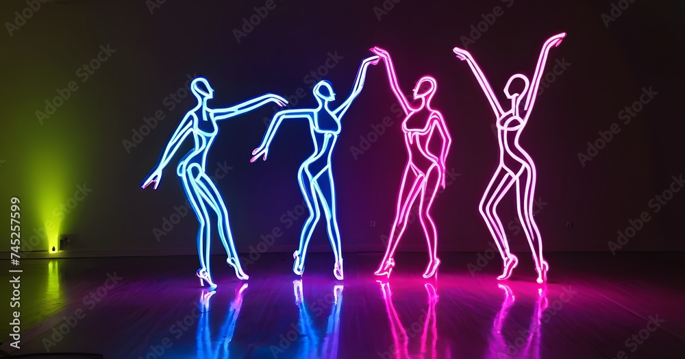 This artistic depiction features abstract neon figures mid-dance, with ...
