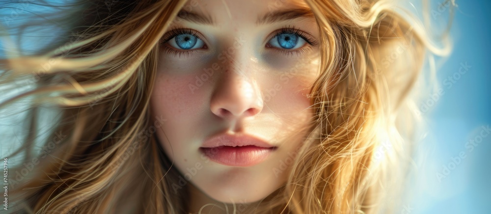 This close-up showcases a womans face, highlighting her striking blue ...