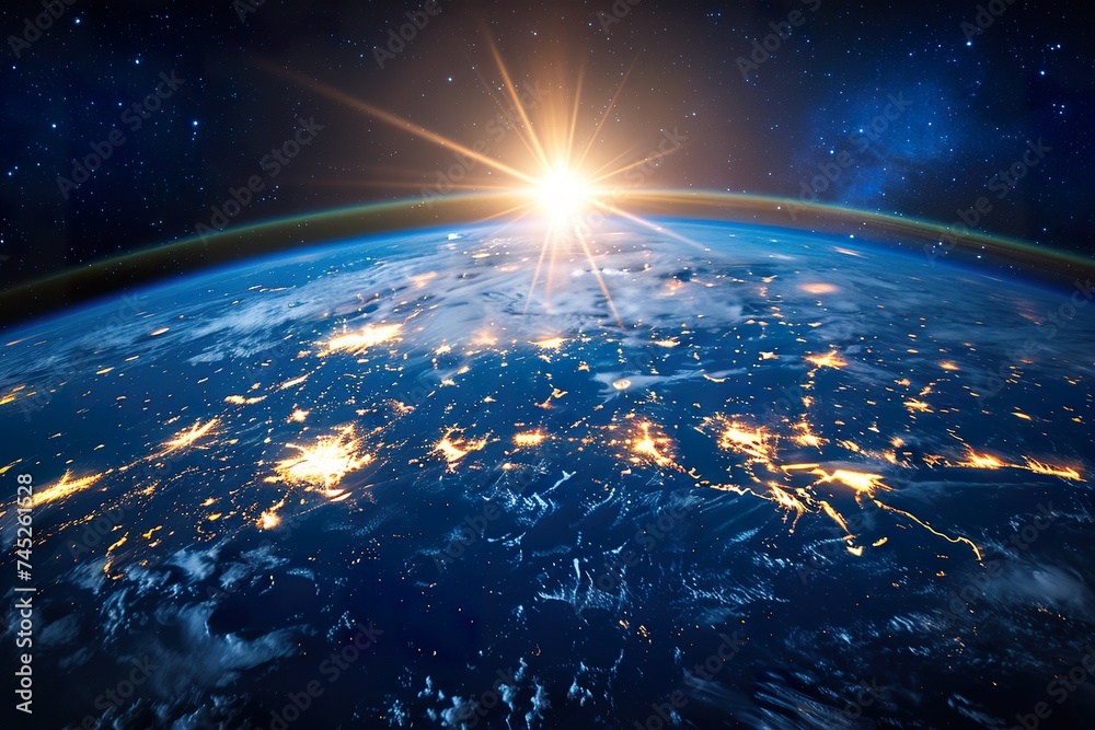 planet Earth at night, as seen from space. The image is dominated by ...