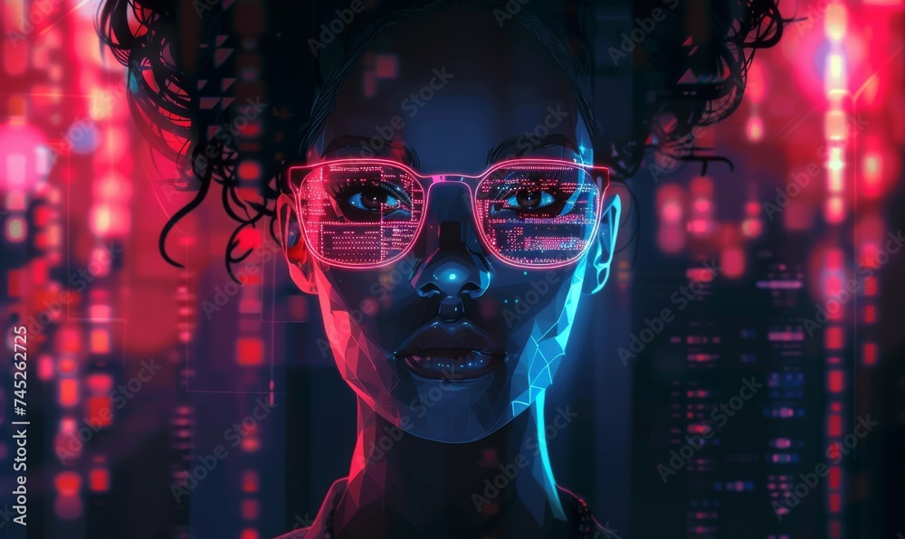 Young woman with reflective red digital glasses against a code matrix ...