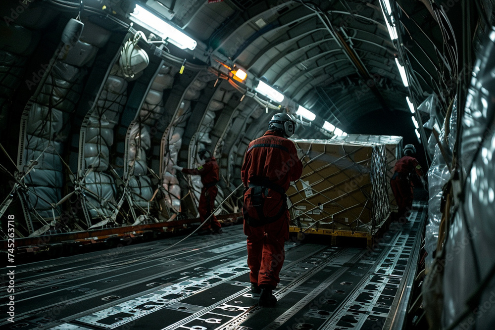 Close-up of ground crew guiding pallets of cargo into the belly of a ...