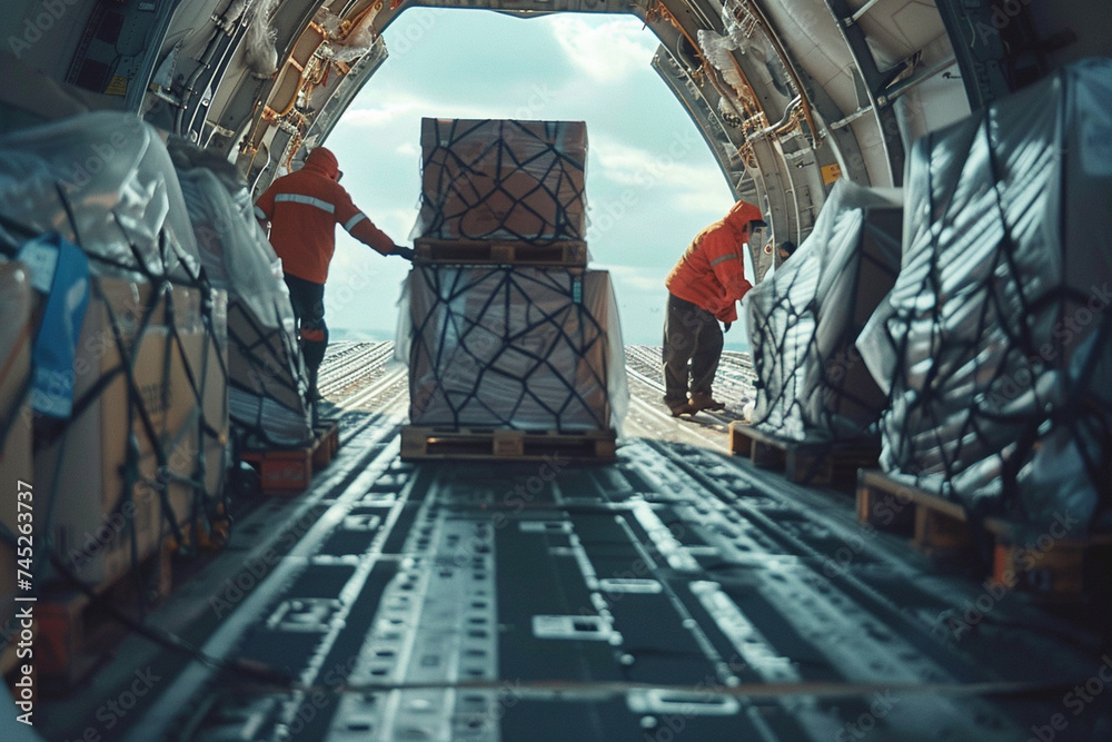 Close-up of ground crew guiding pallets of cargo into the belly of a ...