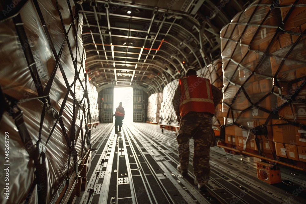 Close-up of ground crew guiding pallets of cargo into the belly of a ...